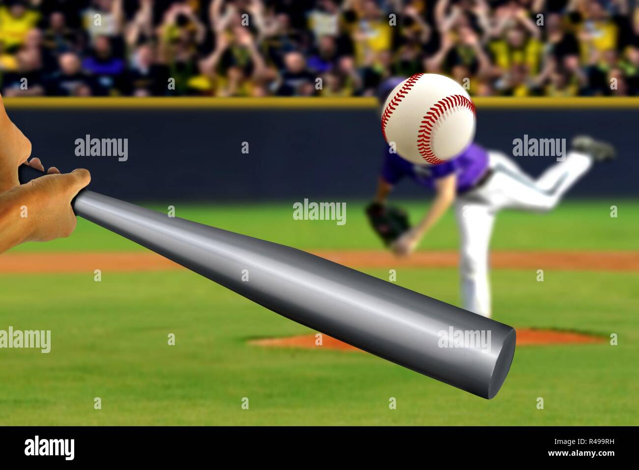 Baseball swing with pitcher and spectator background Stock Photo - Alamy