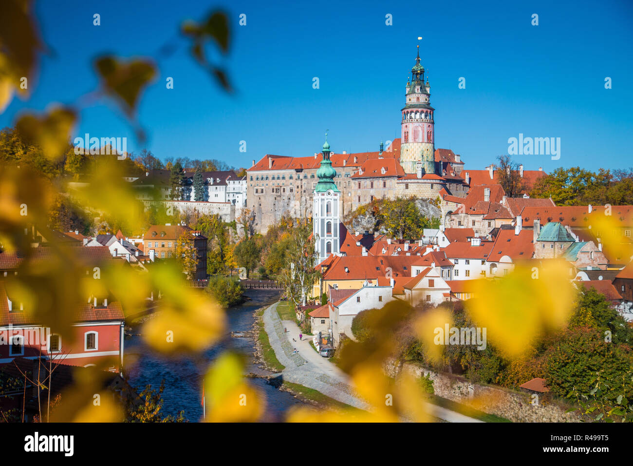 Panoramic view of the historic city of Cesky Krumlov with famous Cesky ...