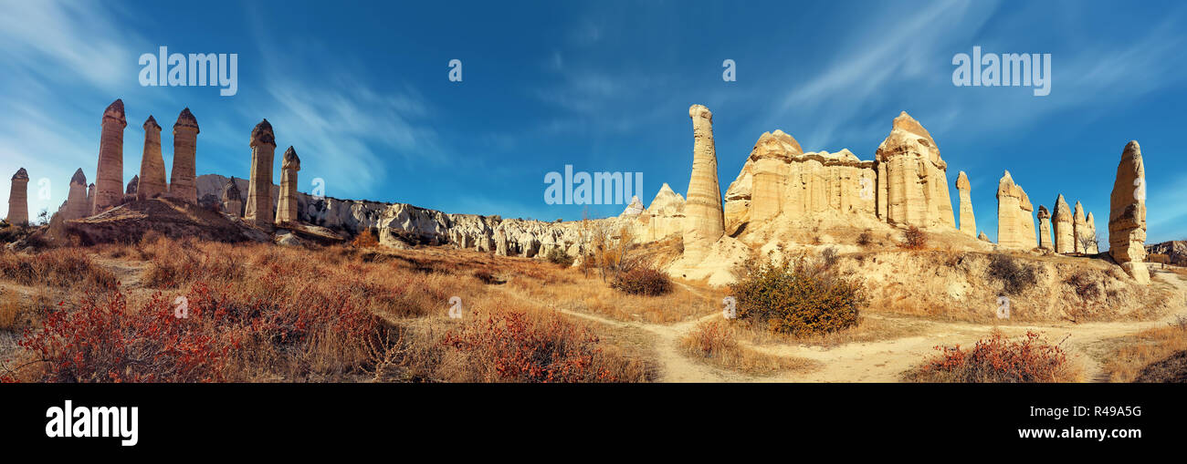 Rock formations known as fairy chimneys in Love Valley near Goreme in ...