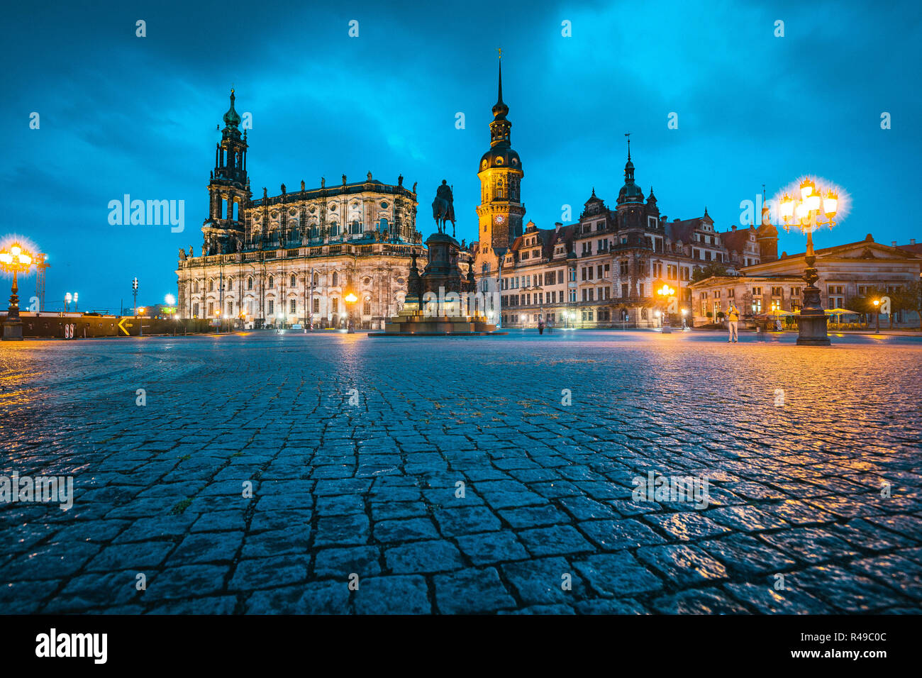 Classic twilight view of historic Dresden city center illuminated in ...