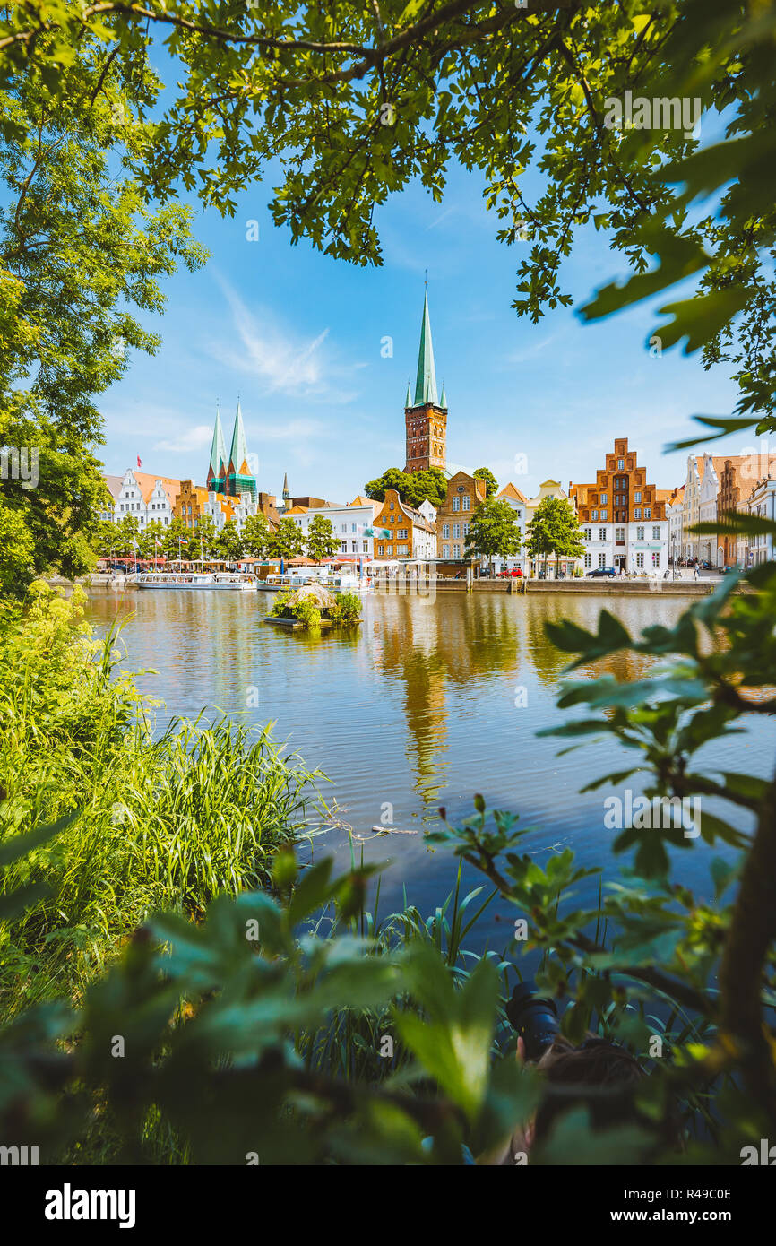 Classic panorama view of the historic city of Luebeck with famous Trave ...
