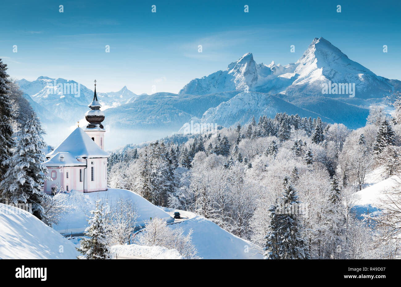 Pilgrimage church maria gern in winter and watzmann in background hi ...