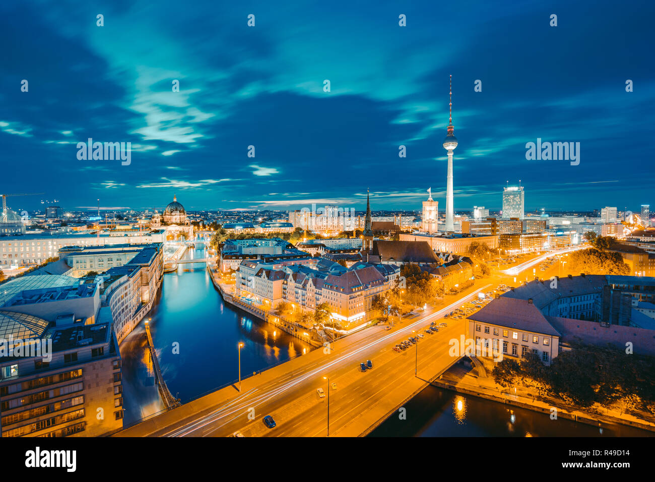 Classic view of Berlin skyline with famous TV tower and Spree in ...