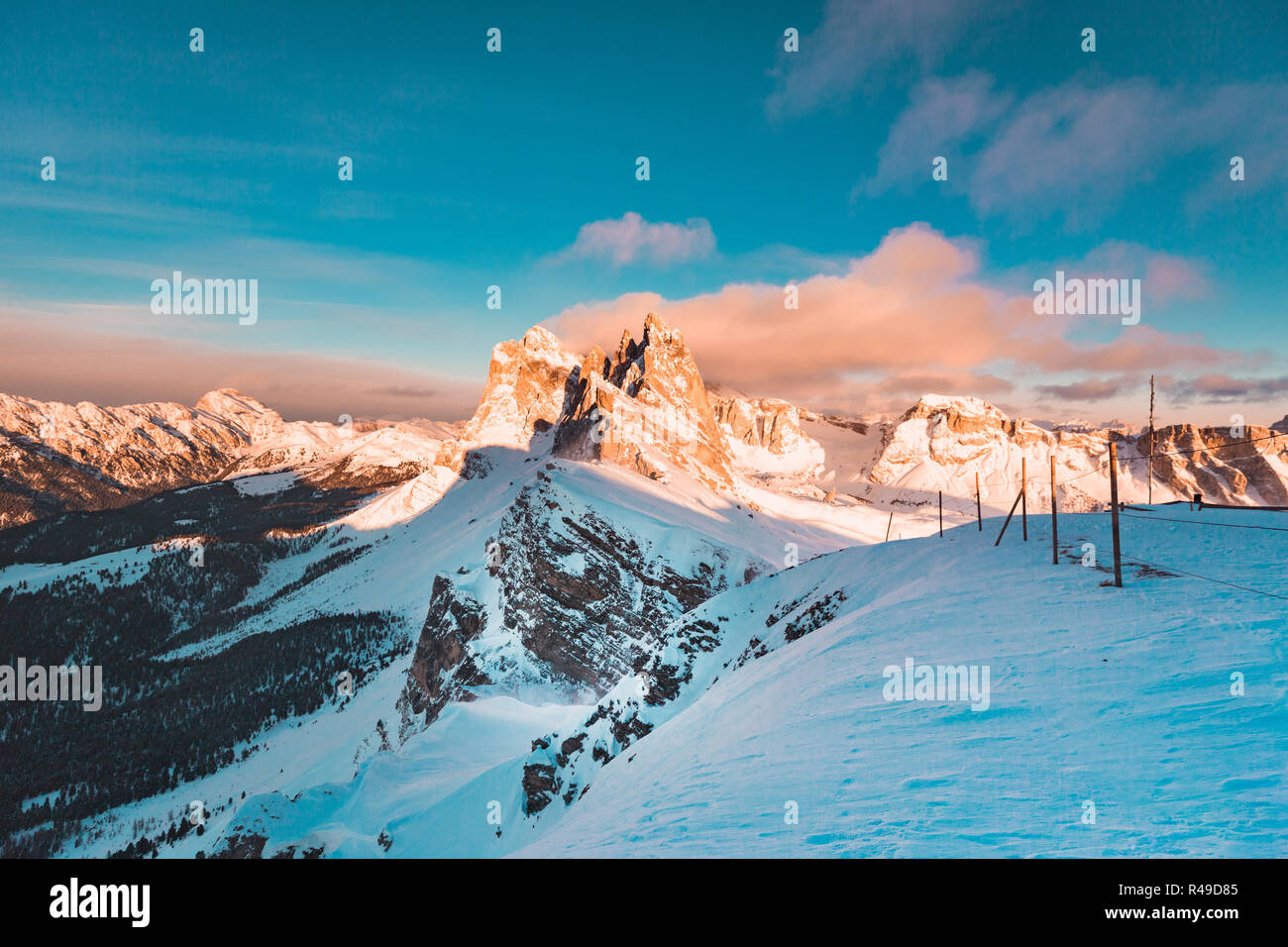Classic view of famous Seceda mountain peaks in the Dolomites ...