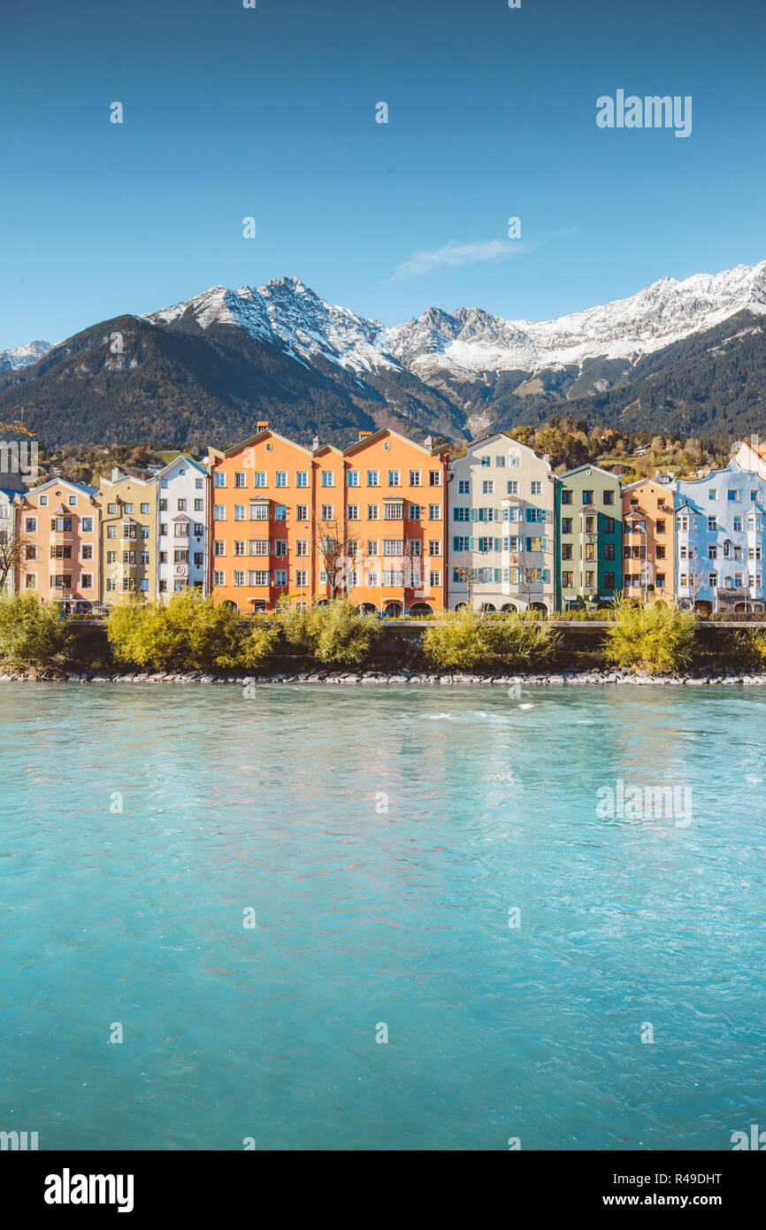 Historic city center of Innsbruck with colorful houses along Inn river ...