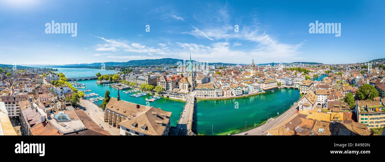 Aerial panoramic view of Zurich city center with famous Fraumunster ...