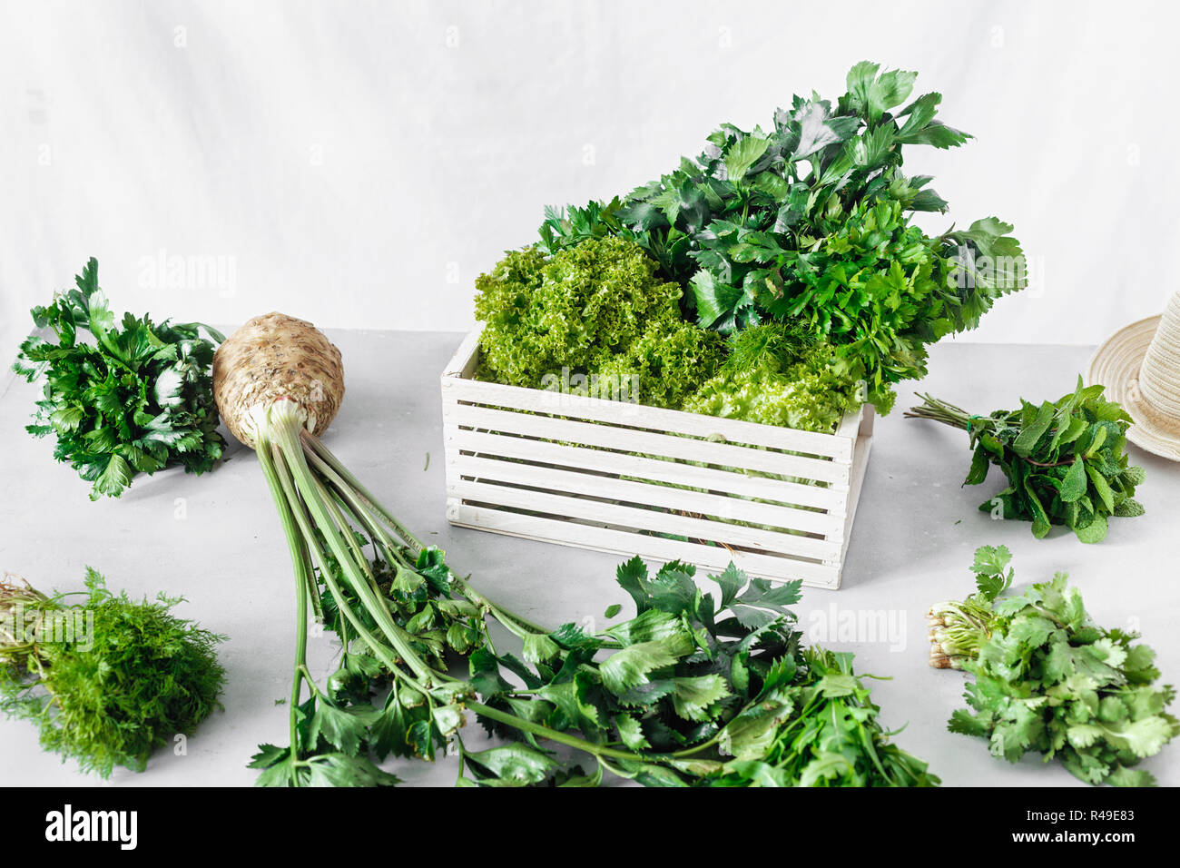 Freshly herbs in wooden box harvesting concept Stock Photo - Alamy