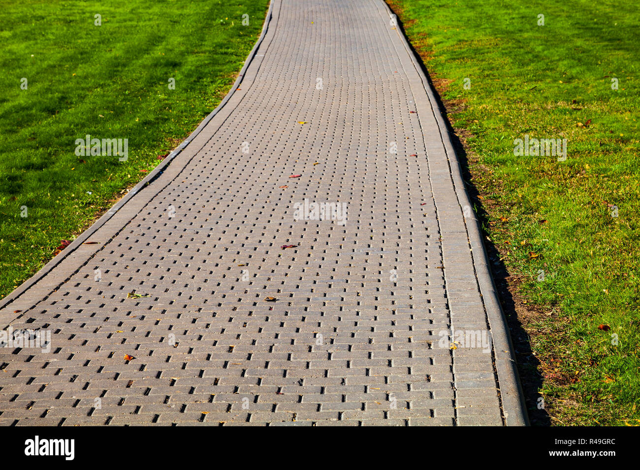 Stone path in the park and green lawn. Beautiful summer city park for ...