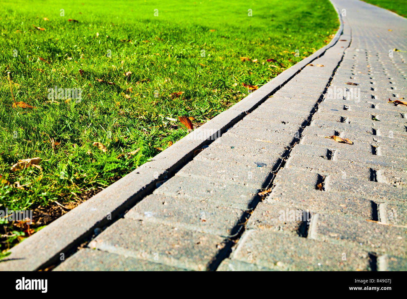 Stone path in the park and green lawn. Beautiful summer city park for ...