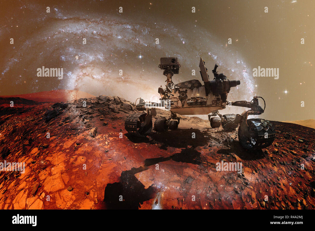 Curiosity Mars Rover exploring the surface of red planet. Elements of ...