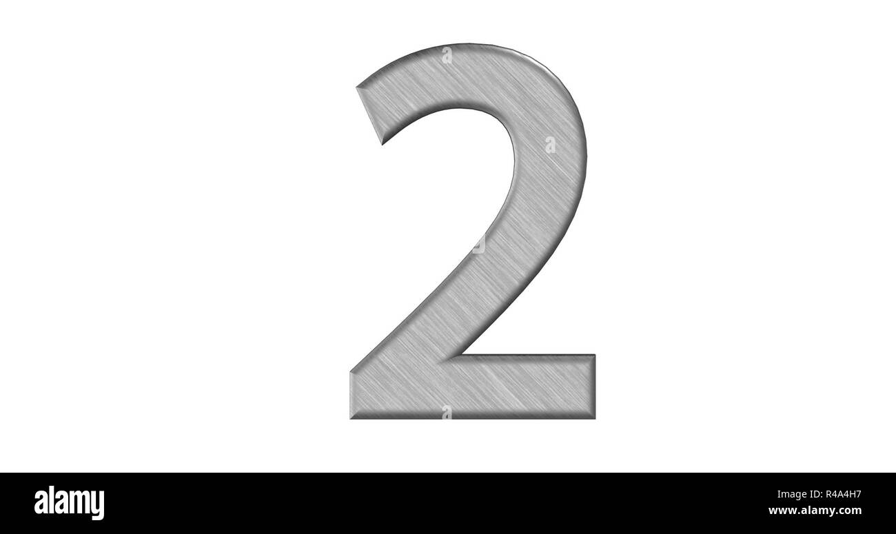3d rendering of the letter 2 in brushed metal on a white isolated ...