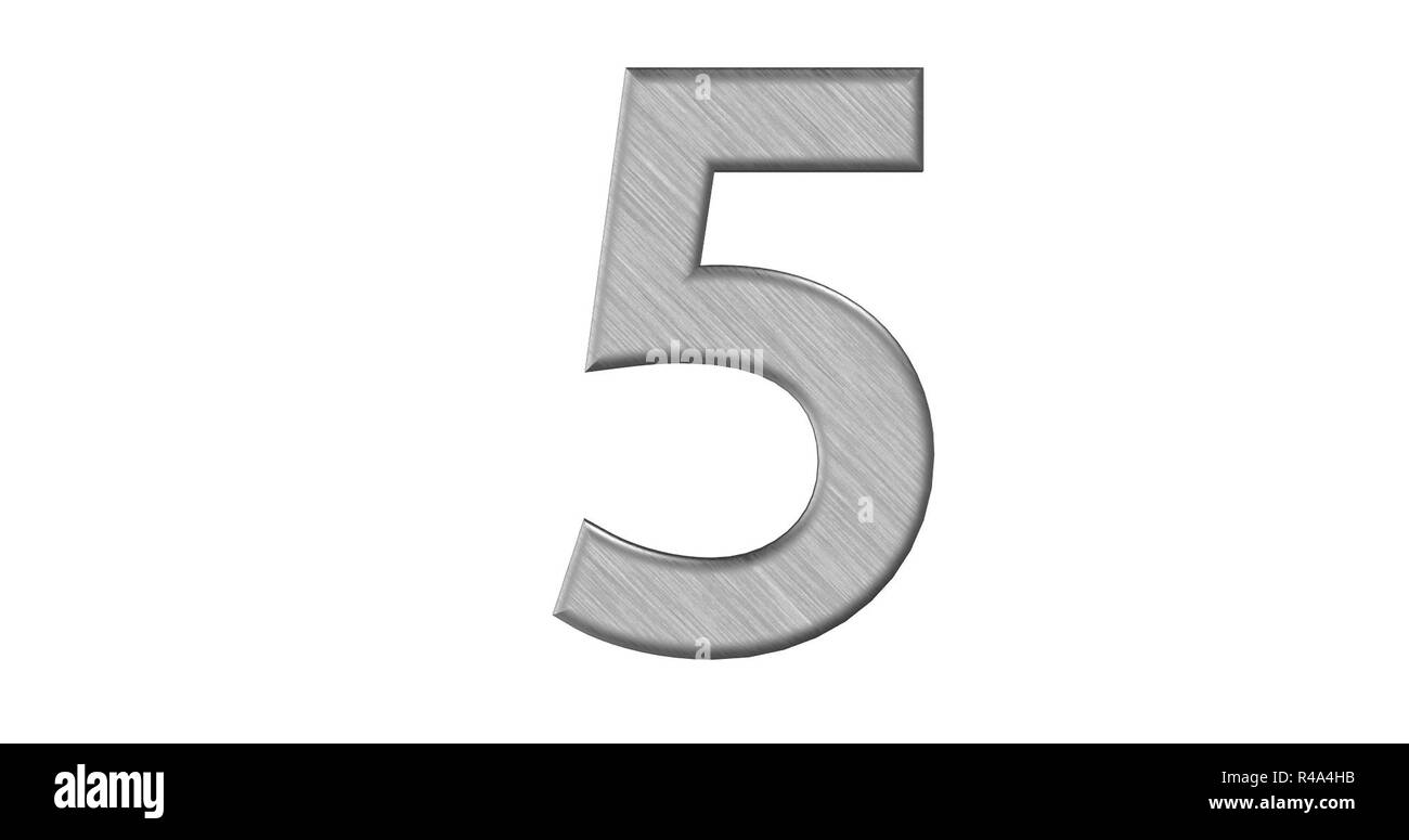 3d rendering of the letter 5 in brushed metal on a white isolated ...