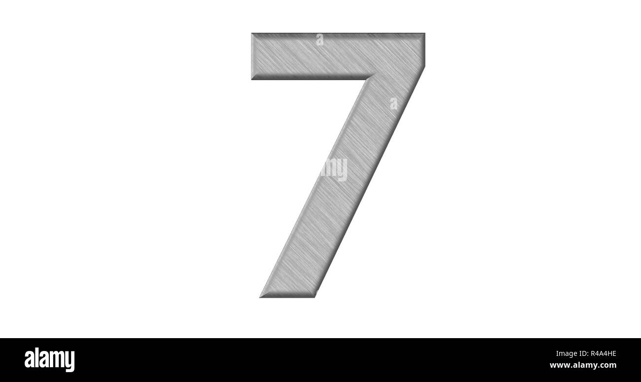 3d rendering of the letter 7 in brushed metal on a white isolated ...