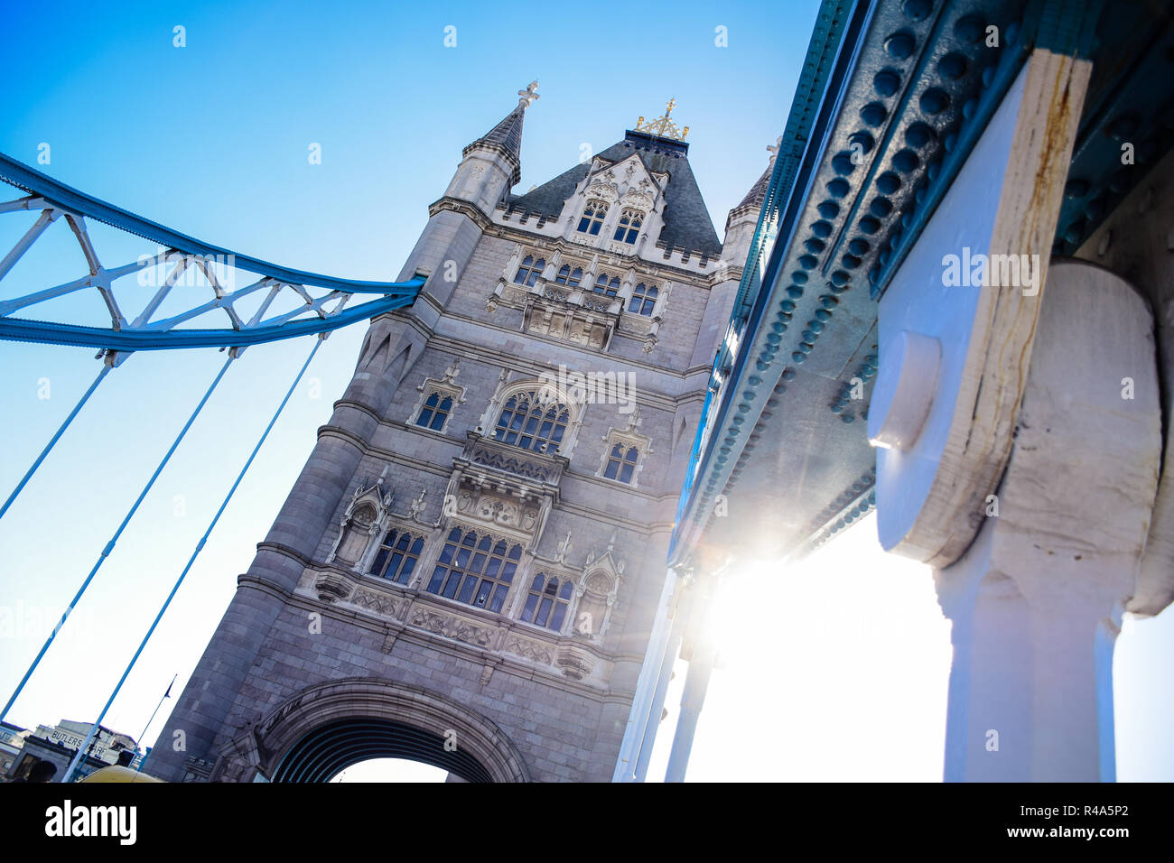 Tower Bridge, famous iconic symbol of London, crosses the River Thames ...