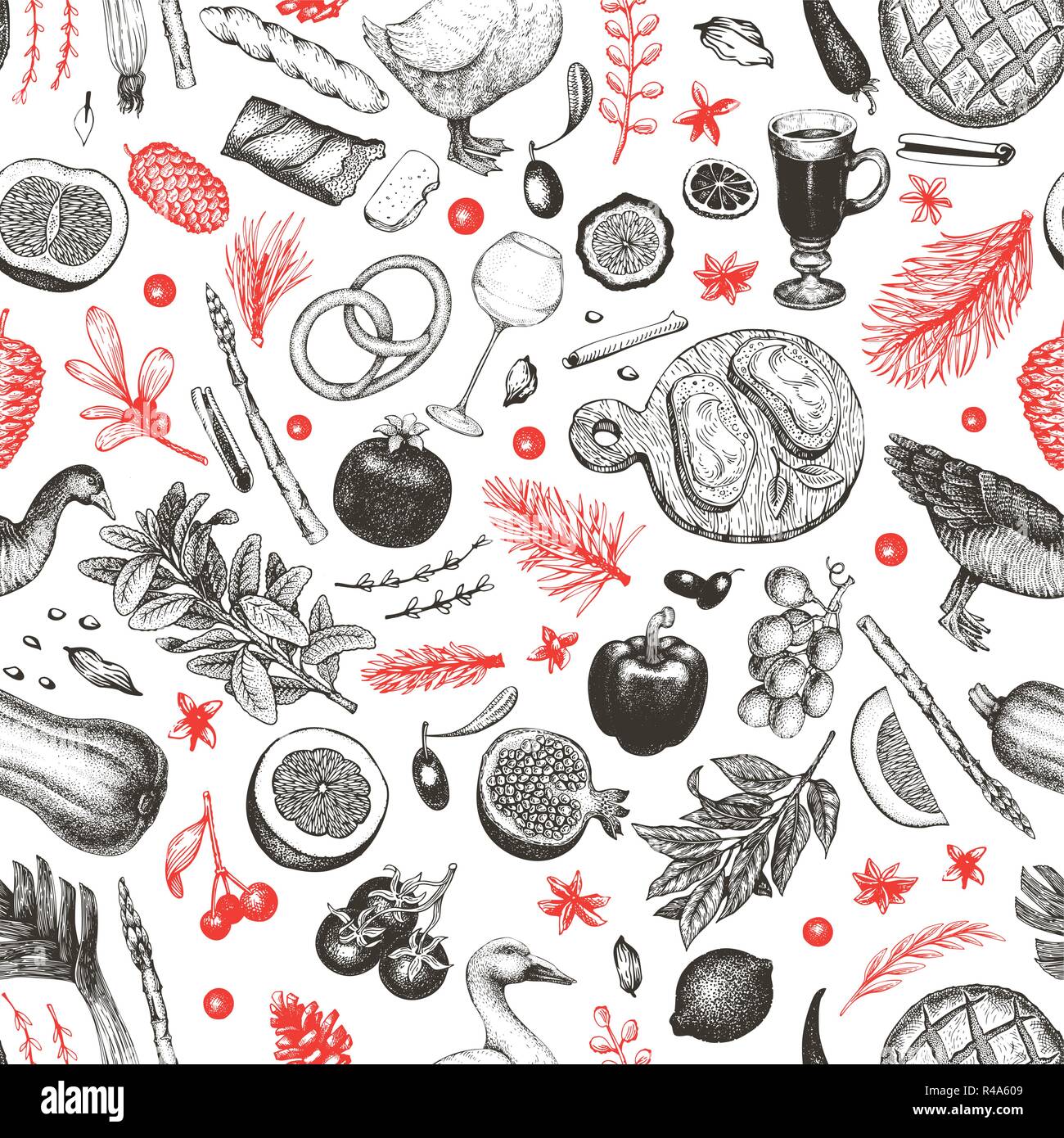 Christmas dinner seamless pattern. Vector hand drawn illustrations ...
