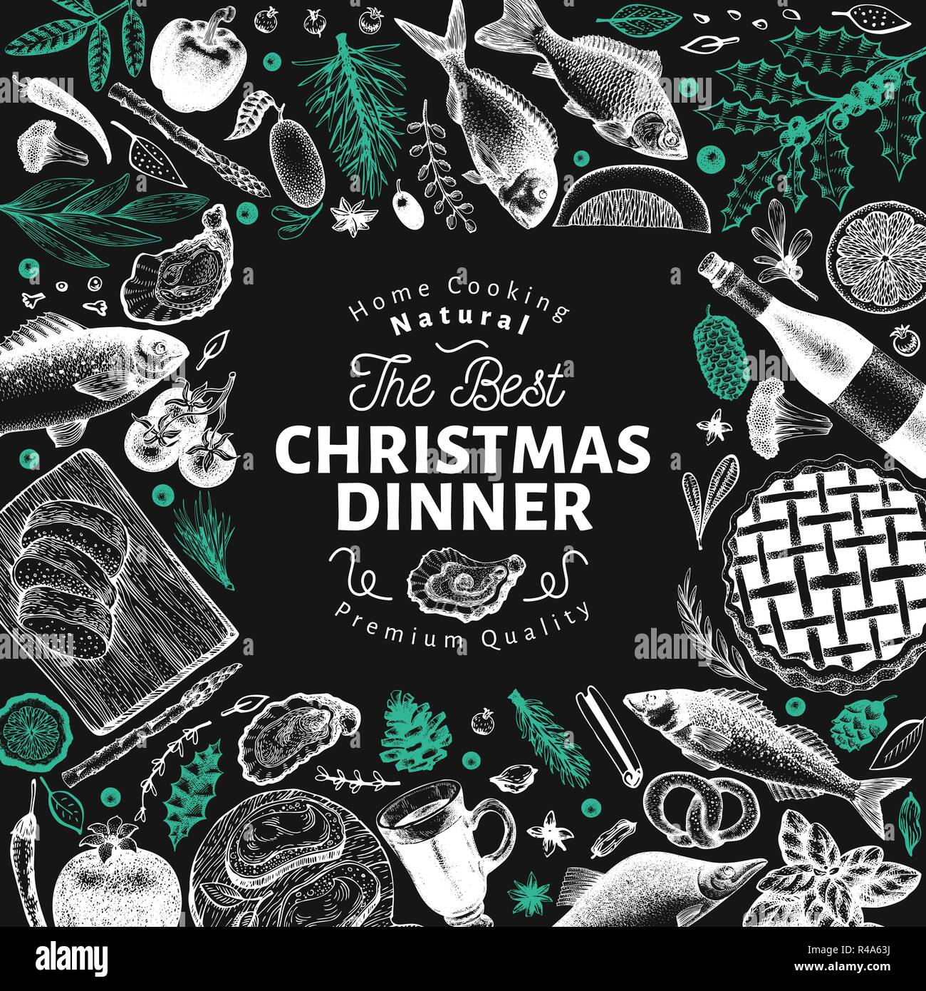 Happy Christmas Dinner design template. Vector hand drawn illustrations ...
