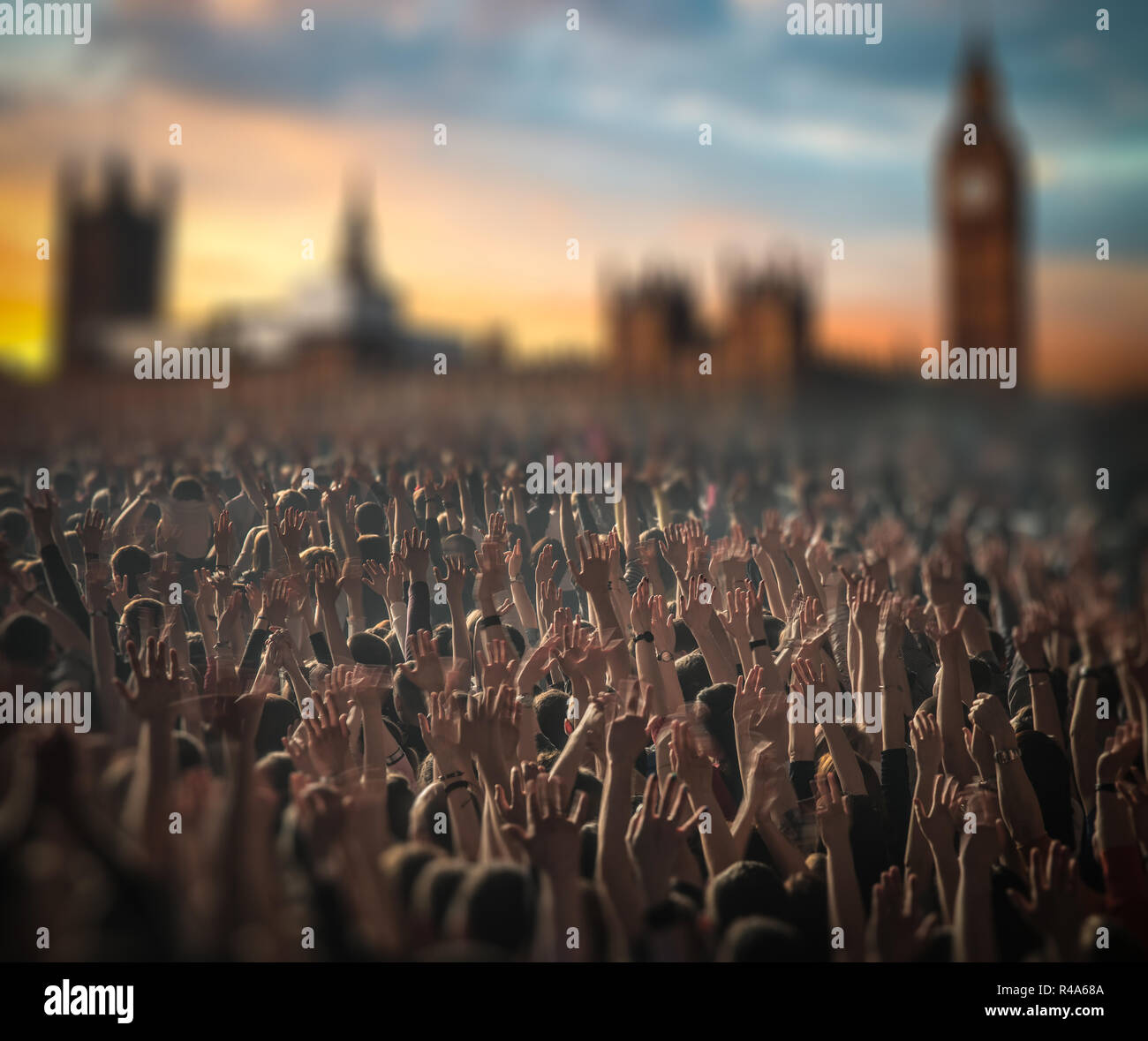 concert on the background of Big Ben , London. A crowd of people ...