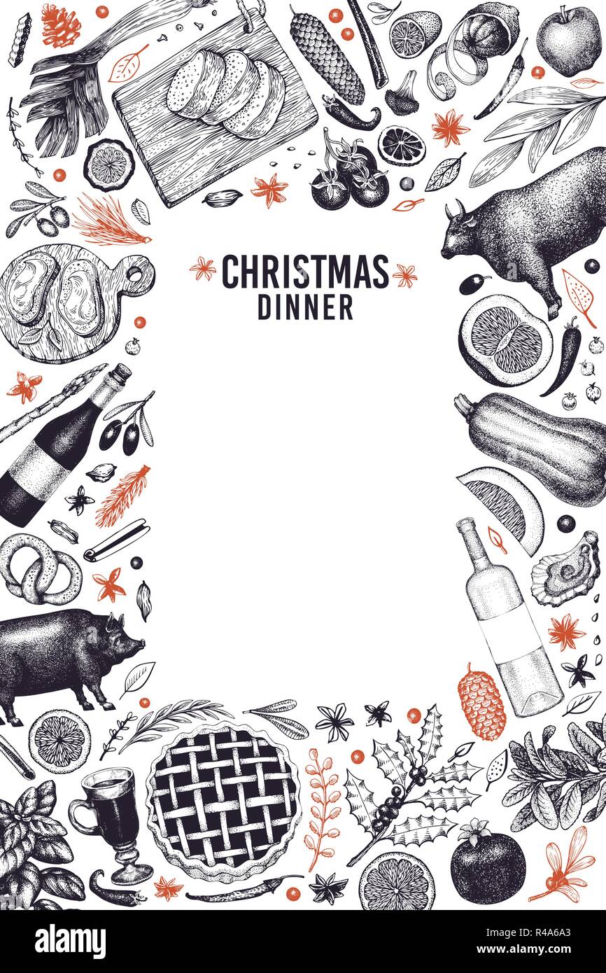 Happy Christmas Dinner design template. Vector hand drawn illustrations ...