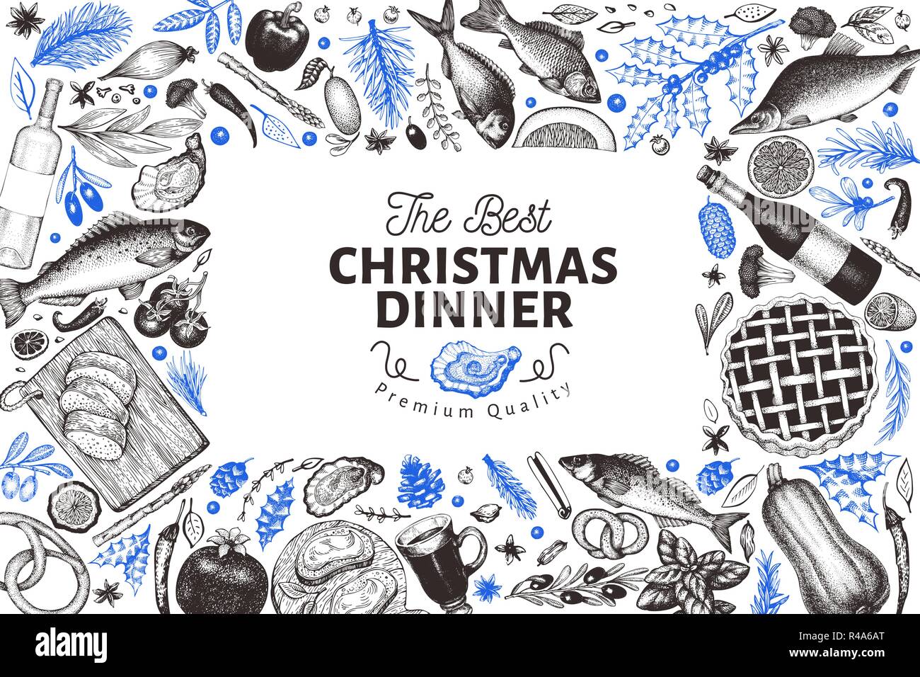 Happy Christmas Dinner design template. Vector hand drawn illustrations ...