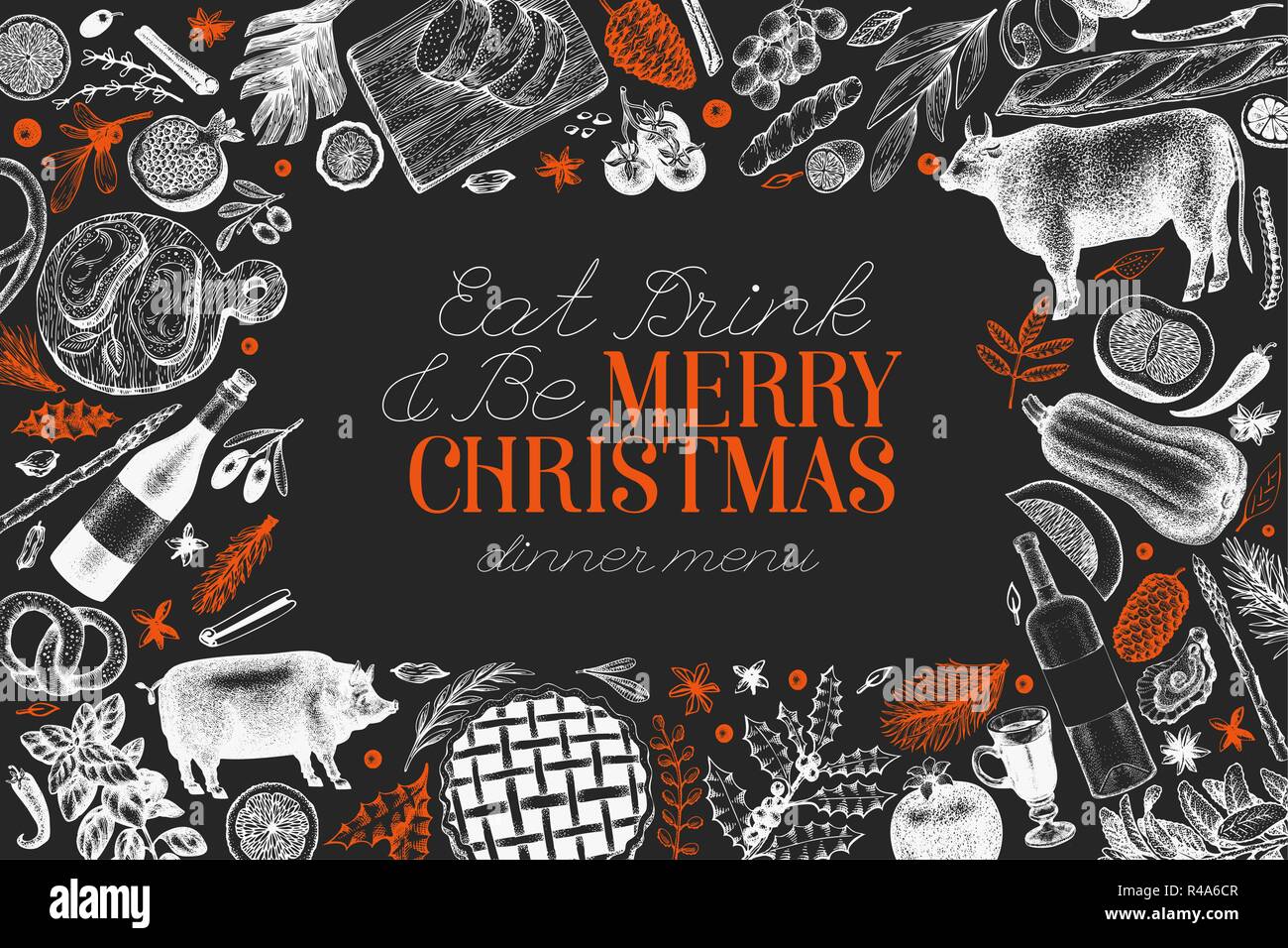 Happy Christmas Dinner design template. Vector hand drawn illustrations ...