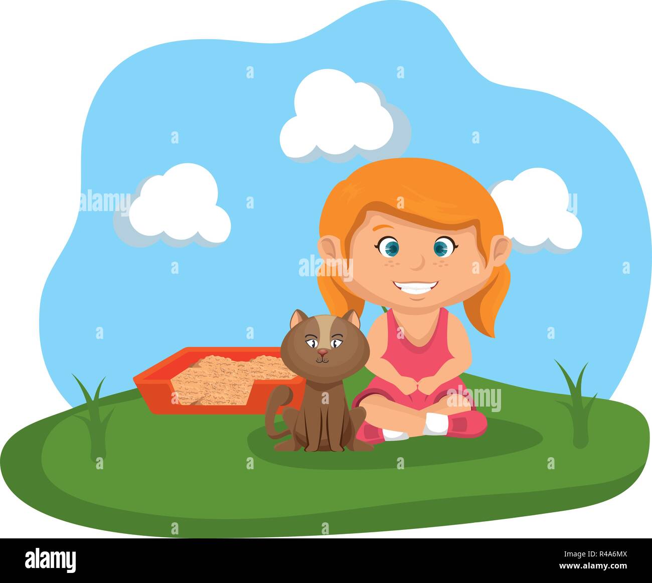 cute cat and girl with sandbox vector illustration design Stock Vector ...
