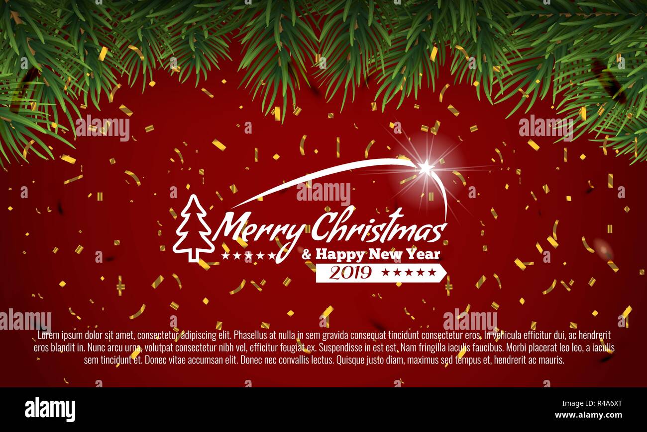 Christmas fir border with fir leaf and golden confetti. Vector ...