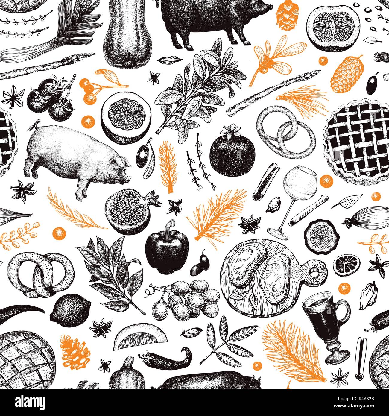 Christmas dinner seamless pattern. Vector hand drawn illustrations ...