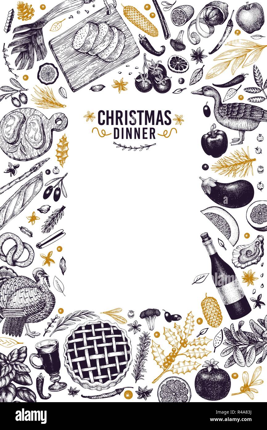 Happy Christmas Dinner design template. Vector hand drawn illustrations ...