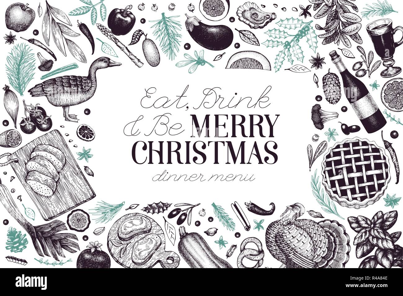 Happy Christmas Dinner design template. Vector hand drawn illustrations ...