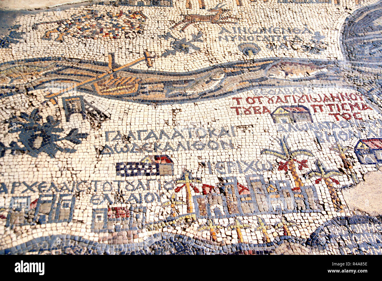 Fragment of ancient floor byzantine mosaic with map of Holy Land on ...