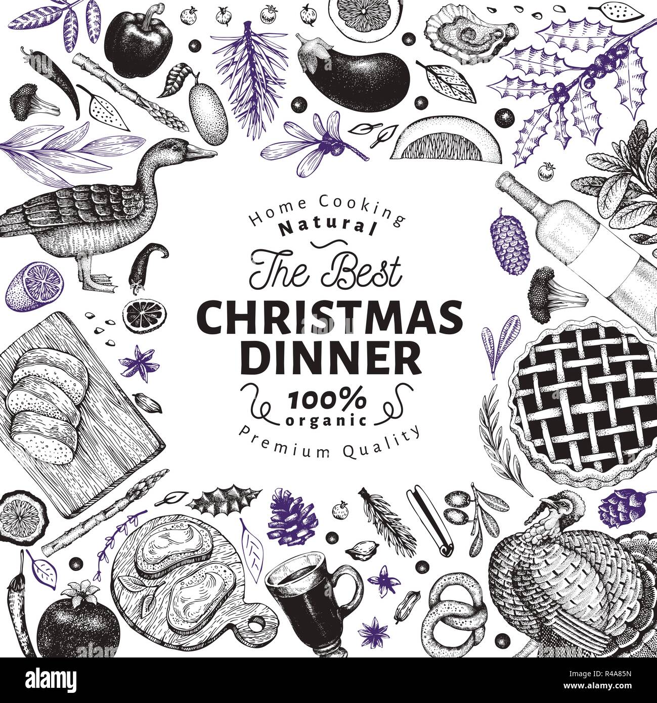 Happy Christmas Dinner design template. Vector hand drawn illustrations ...