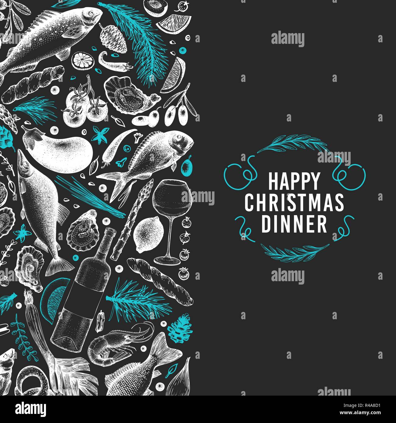 Happy Christmas Dinner design template. Vector hand drawn illustrations ...