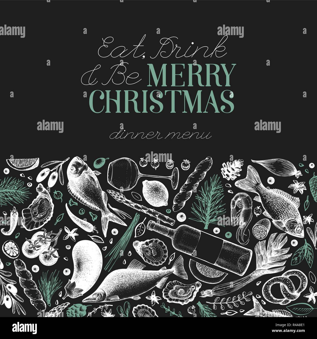 Happy Christmas Dinner design template. Vector hand drawn illustrations ...