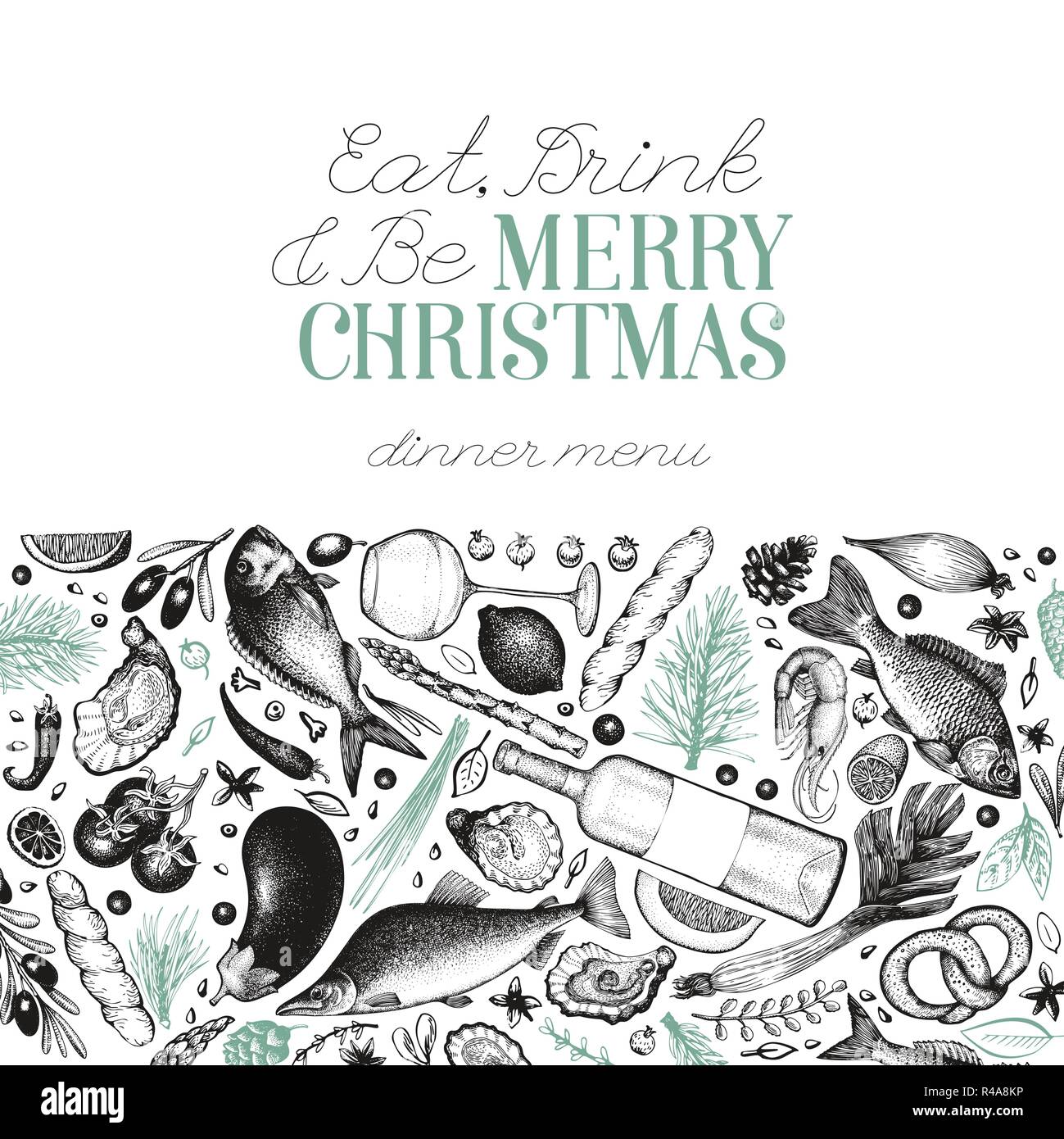 Happy Christmas Dinner design template. Vector hand drawn illustrations ...