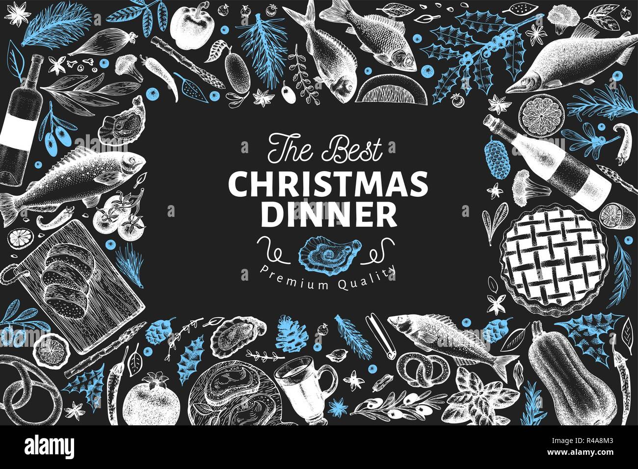 Happy Christmas Dinner design template. Vector hand drawn illustrations ...
