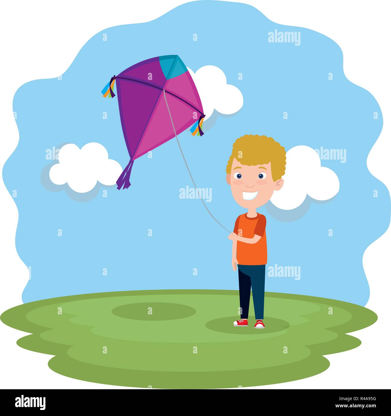 little boy flying kite in the field vector illustration design Stock ...
