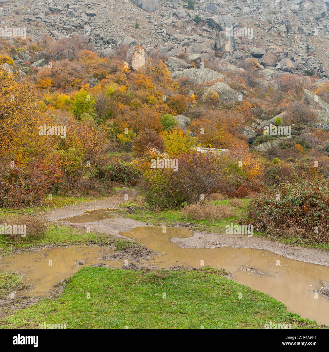Autumnal landscape with dirty road to rocky foothills Stock Photo - Alamy