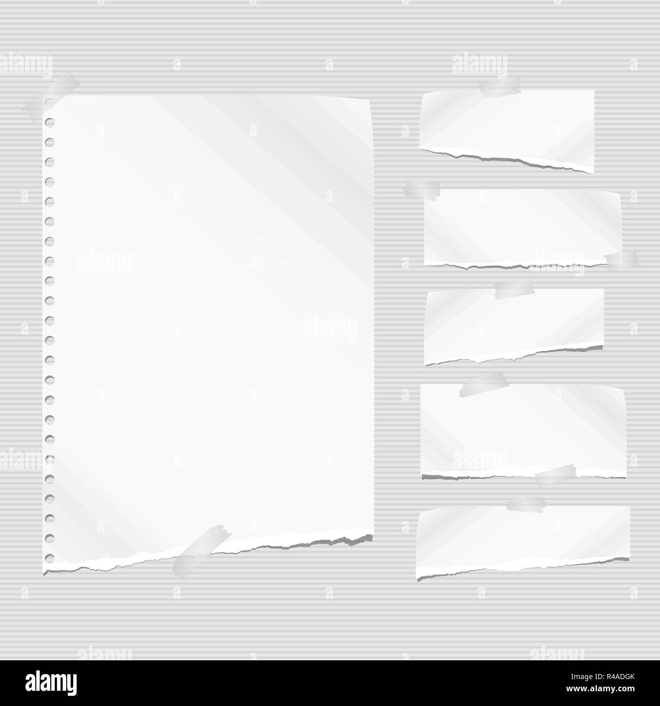 White ripped notebook paper, torn note paper strips stuck on grey lined ...