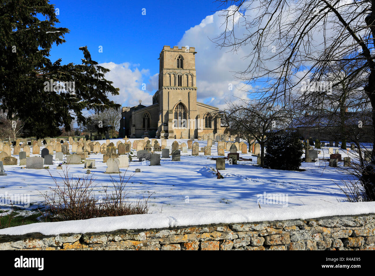 Winter snow, St Peters church, Maxey village, Cambridgeshire England UK ...