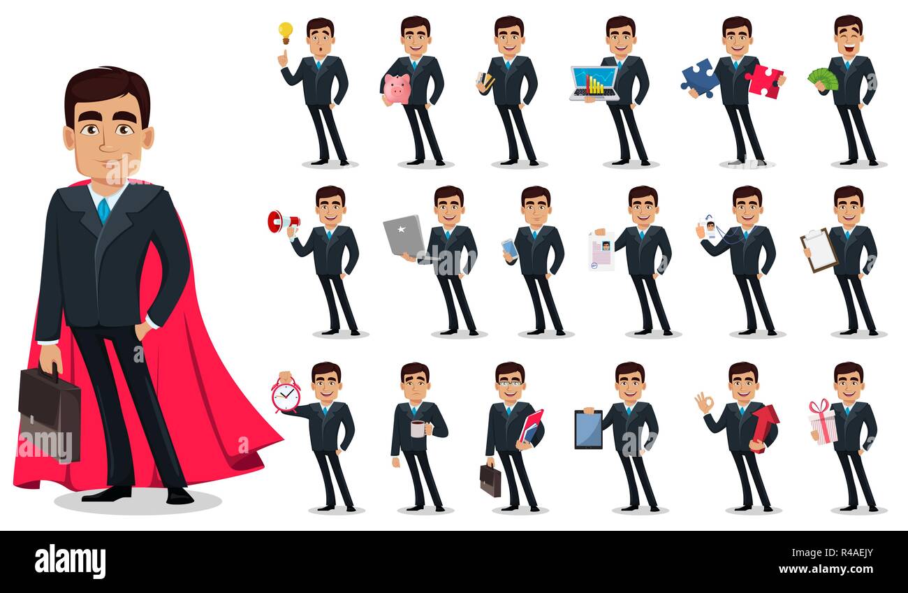 Business Man Cartoon Character In Formal Suit Set Of Nineteen Poses