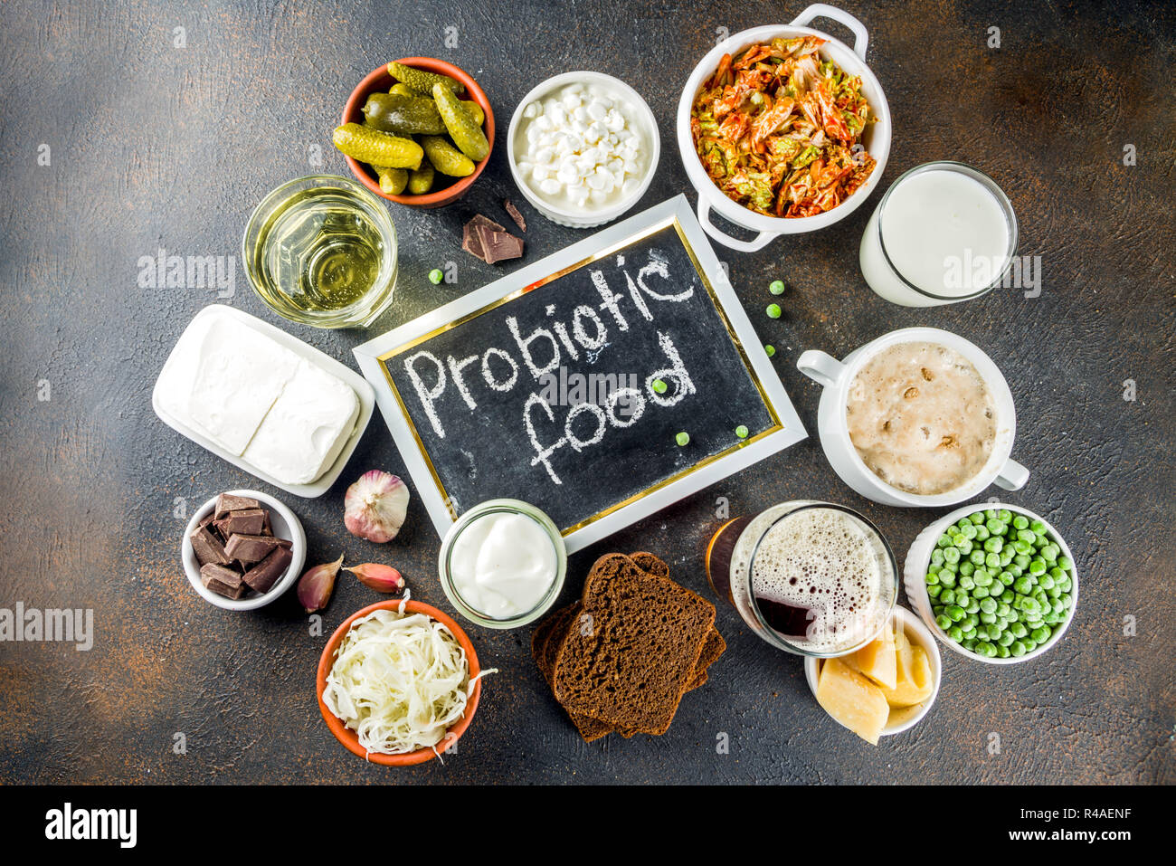 Super Healthy Probiotic Fermented Food Sources, drinks, ingredients, on ...