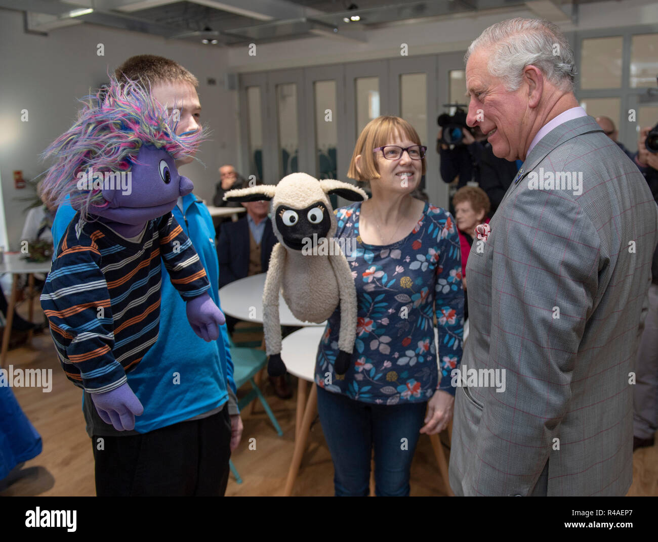 The Prince of Wales meets puppeteers Adam and Sharon Pinder during the ...