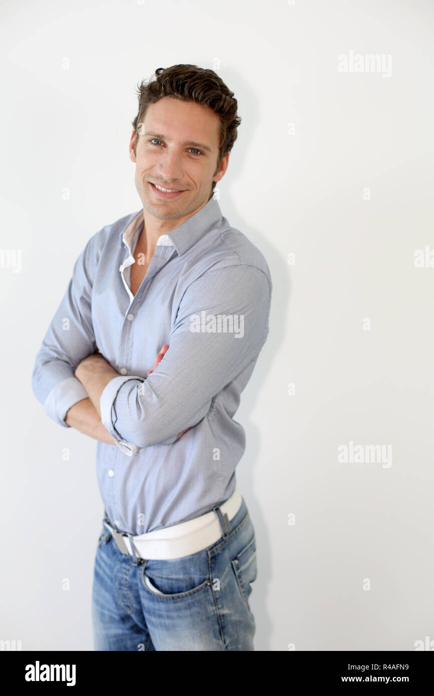 Trendy single man on white background Stock Photo - Alamy
