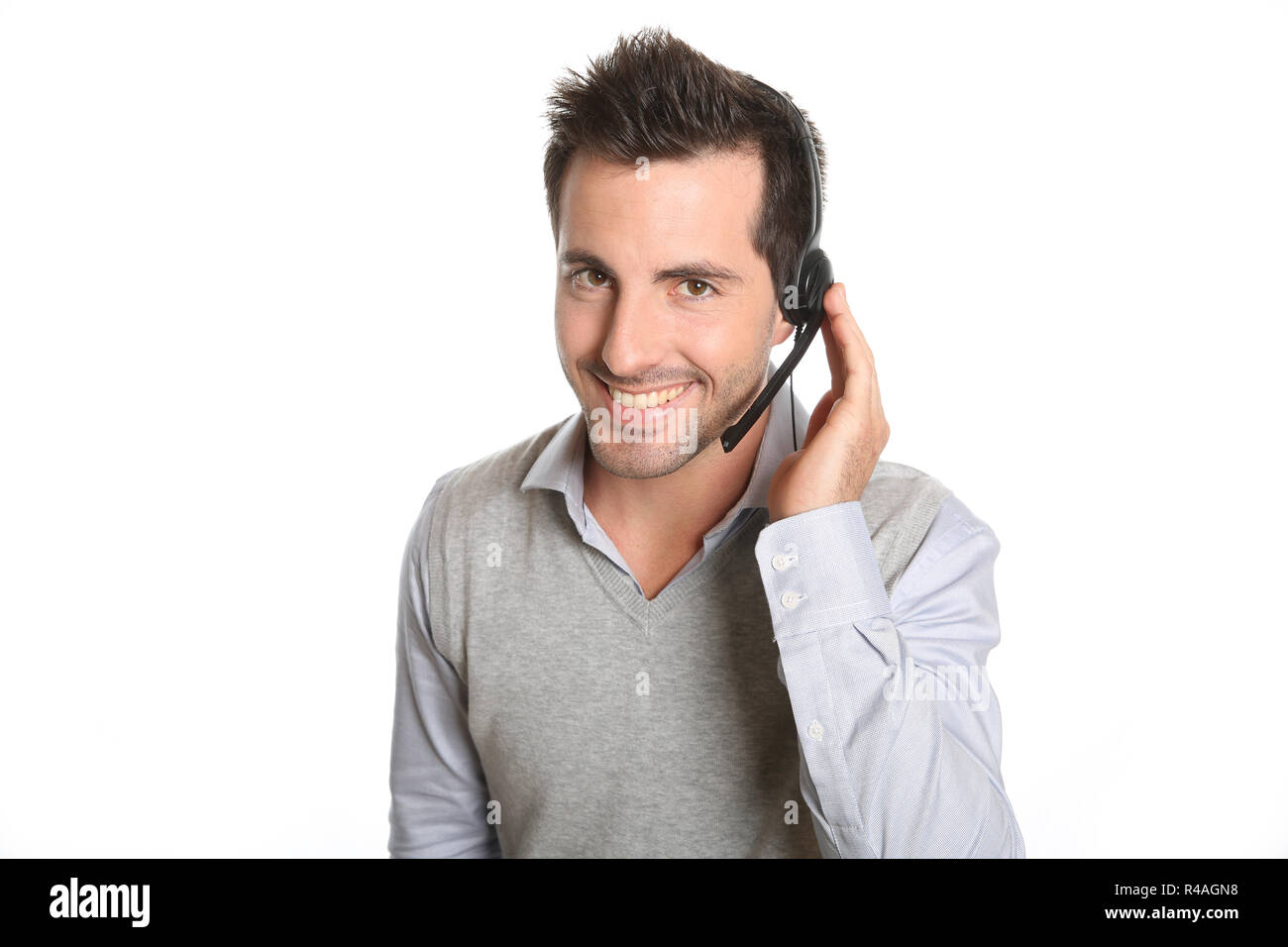 Customer service representative talking on phone Stock Photo - Alamy