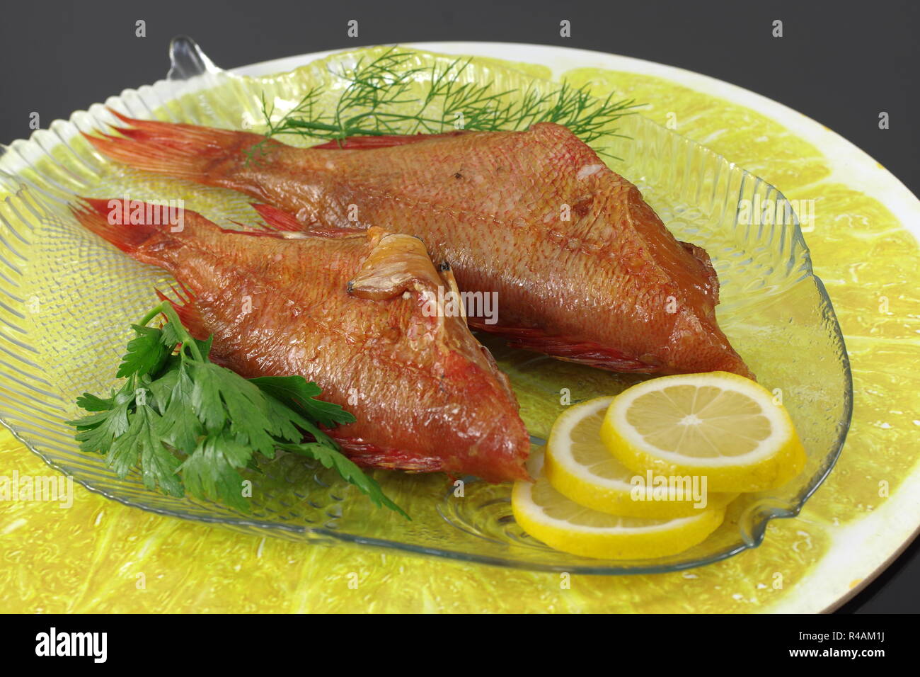 smoked salwater red fish sebastes norvegicus Stock Photo - Alamy