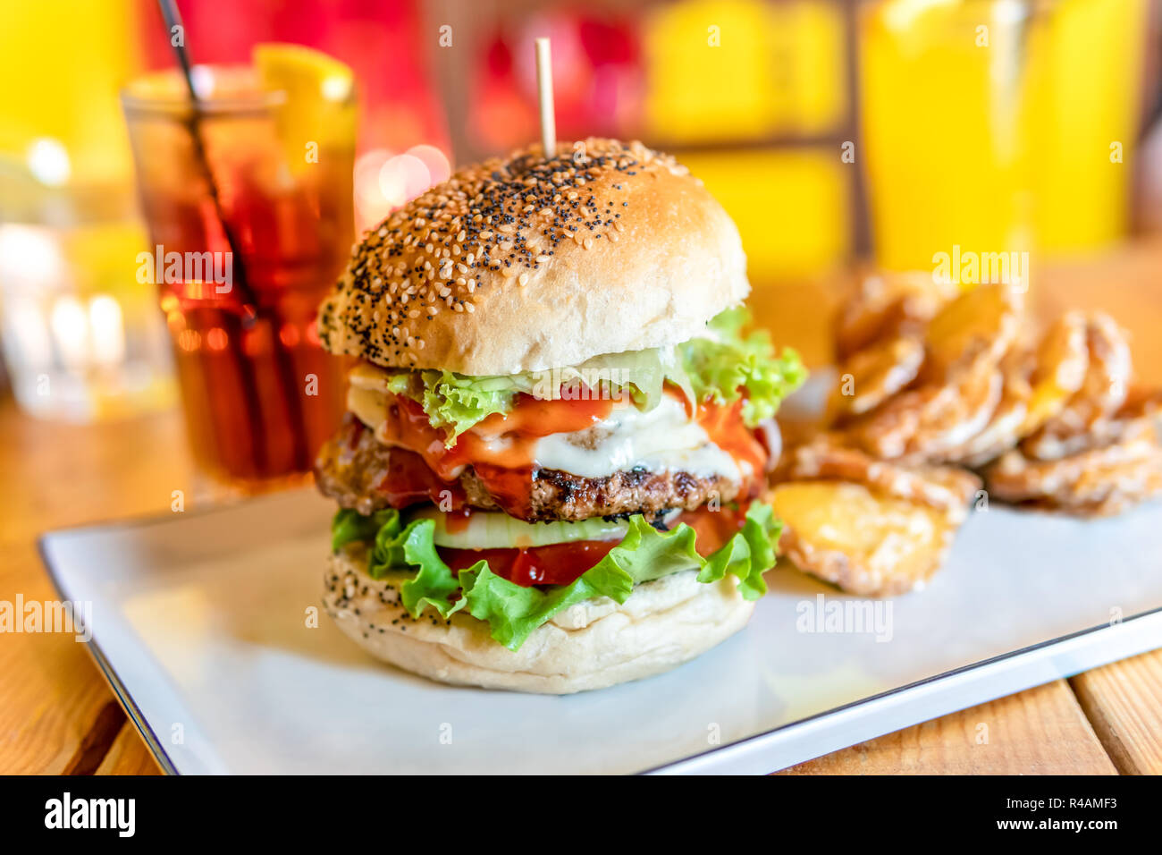 Tasty Juicy American Beef Burger Menu With Lettuce, Ketchup And Potato ...