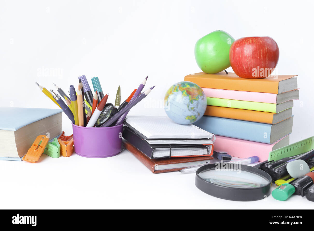 variety of colorful school supplies on a white background Stock Photo ...