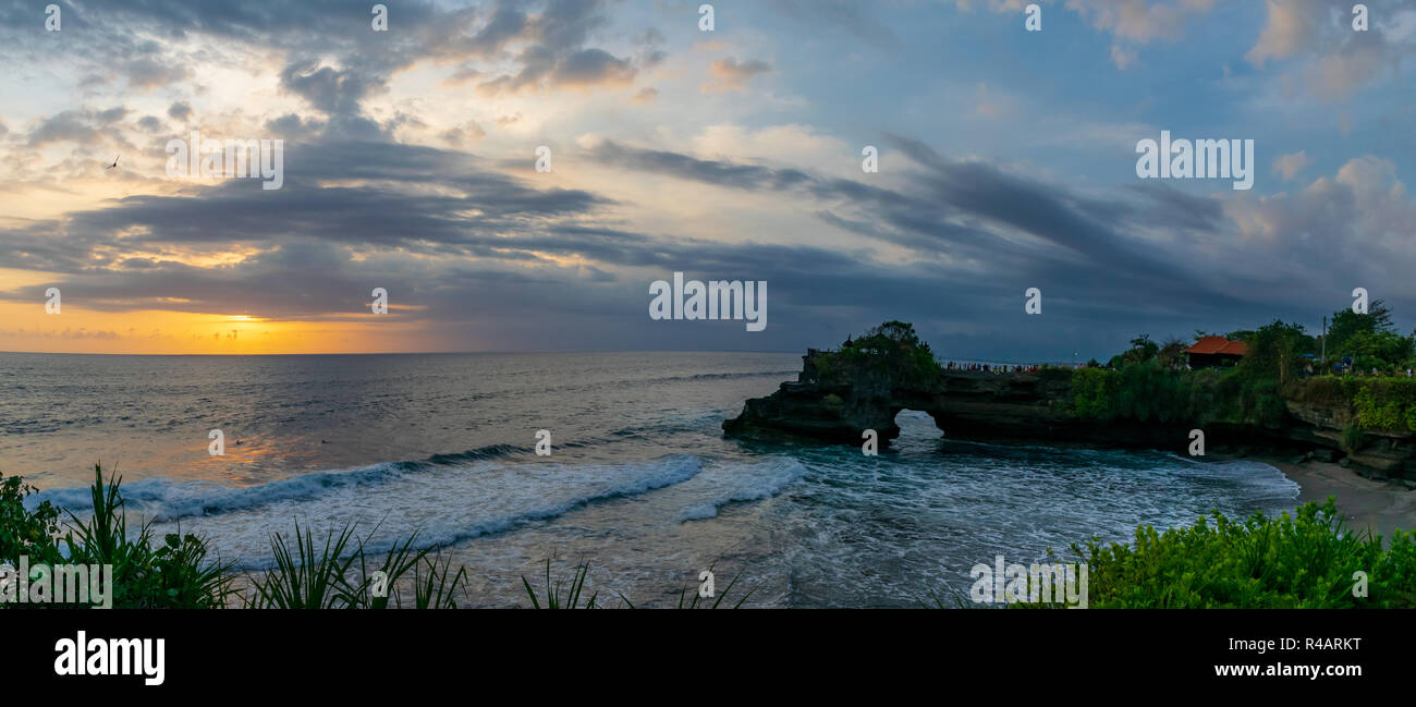 Sunset in Tanah Lot Temple, Bali- a panoramic view of the sunset sky ...