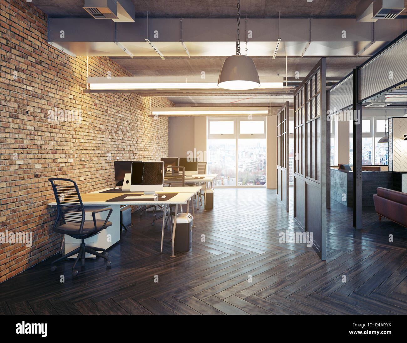 modern office interior design. Loft concept 3d rendering Stock Photo ...