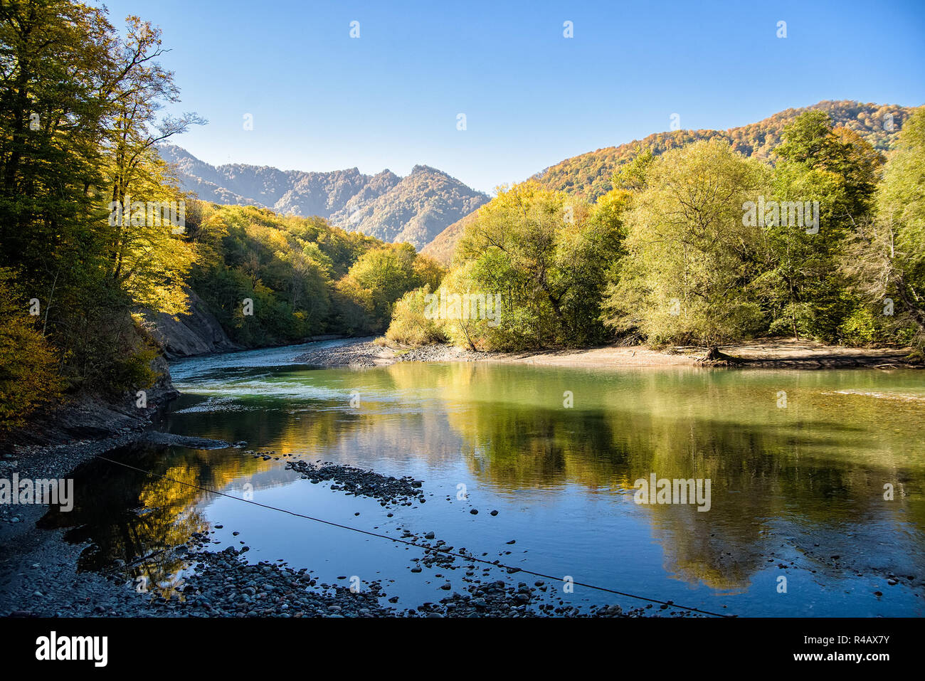 Landscape with mountain river and forest in autumn Stock Photo - Alamy